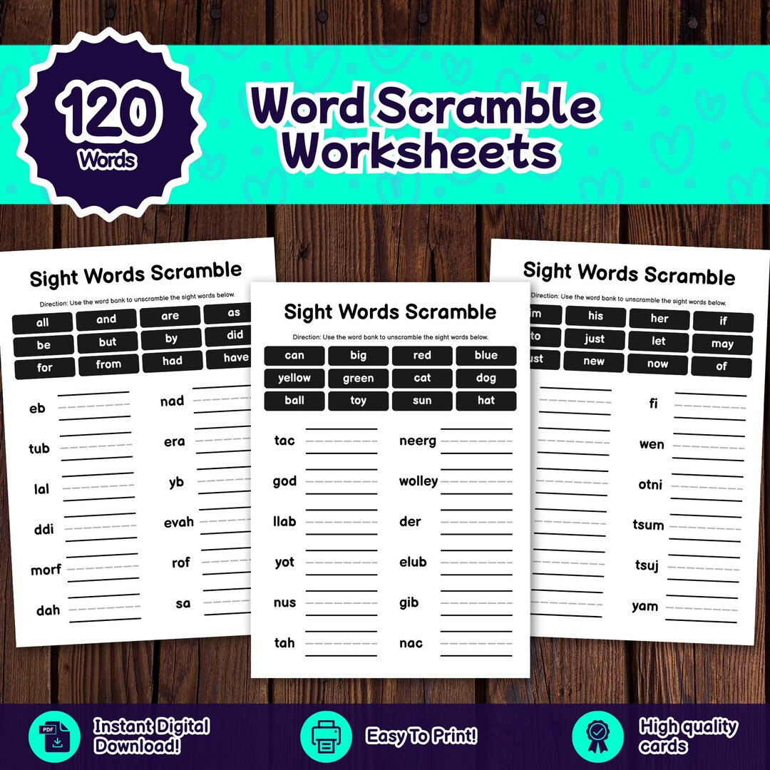 120 Kindergarten Sight Word Scramble Worksheets| Spelling Practice ...