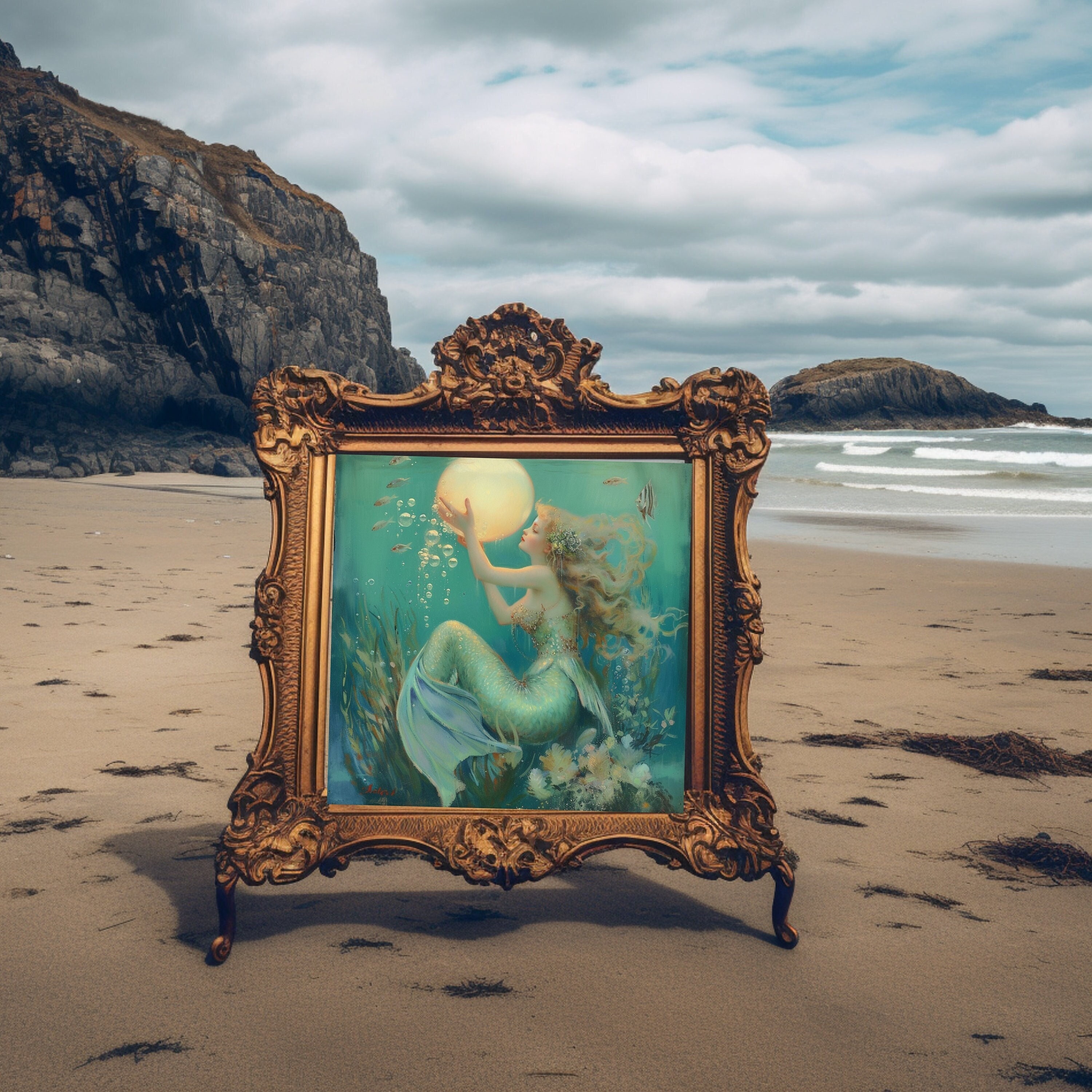Vintage Style Mermaid Art mermaid With Pearl Square Canvas Gallery Wrap ...