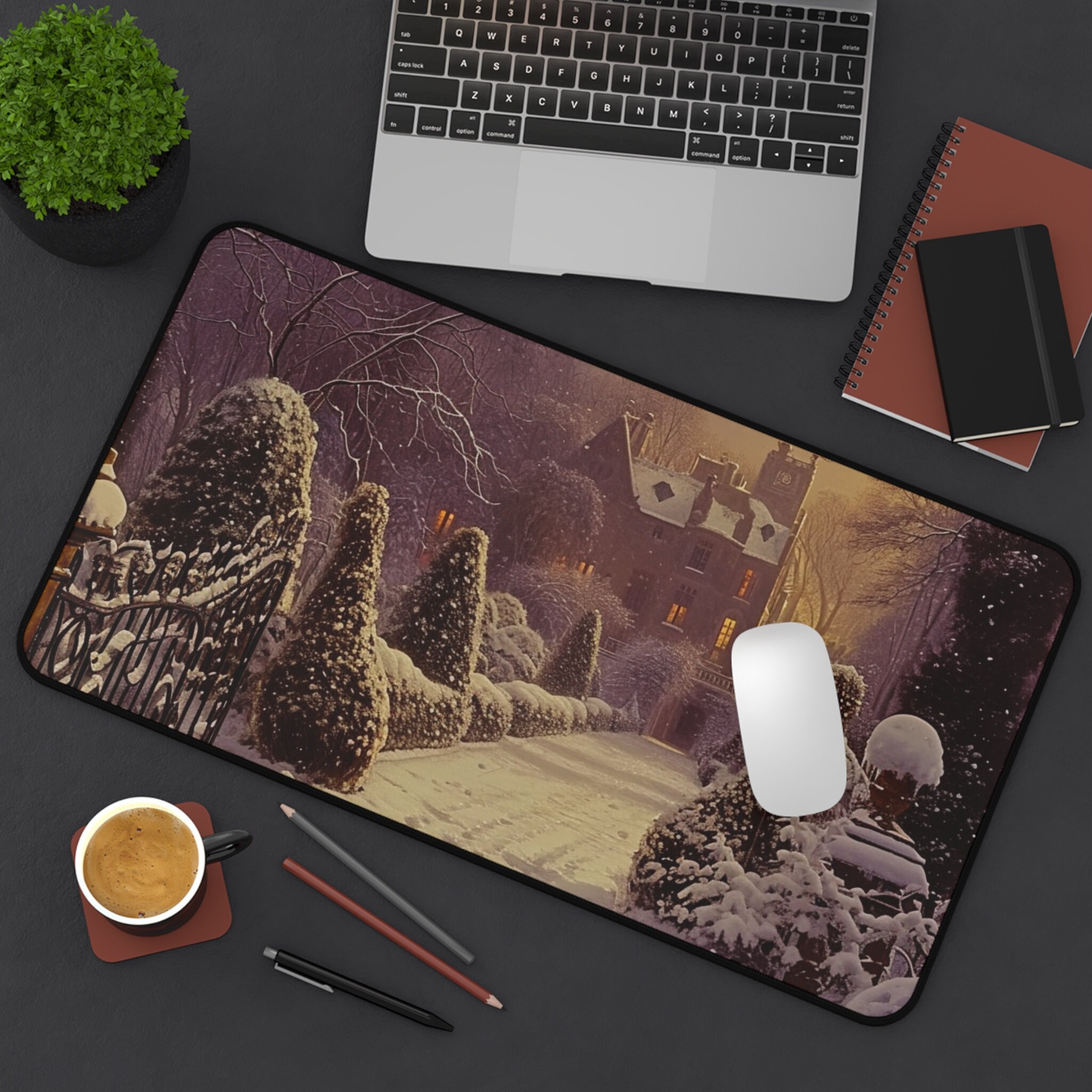 English Manor House Desk Mat - Twilight in the Snow Mansion Attractive ...