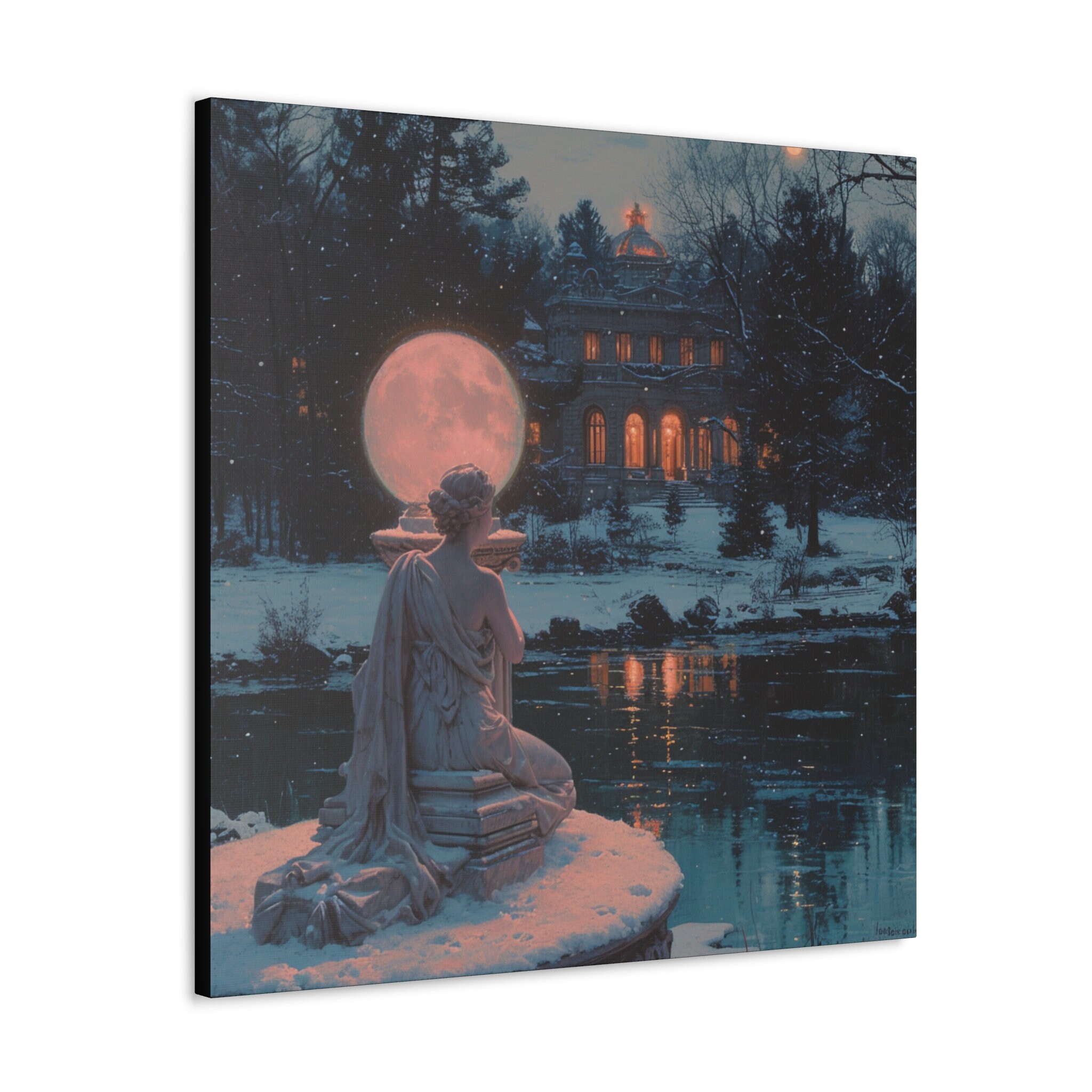 English Manor House Landscape Nymph and Pink Moon Square Canvas Gallery ...