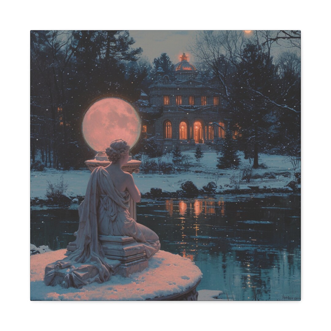 English Manor House Landscape Nymph and Pink Moon Square Canvas Gallery ...