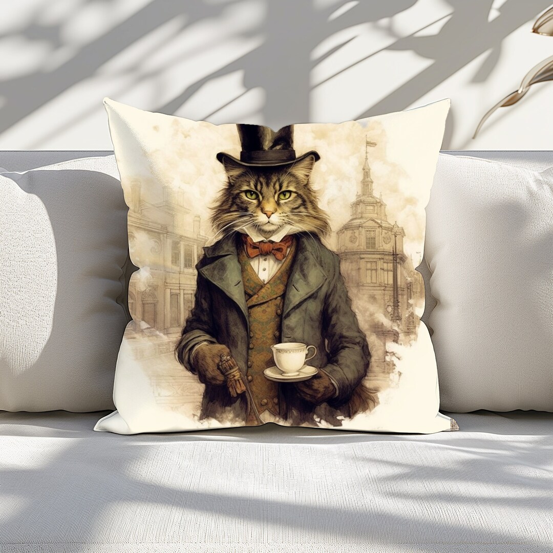 Tea and Cats Throw Pillow - Victorian Pastiche Art Style Accent Pillows ...