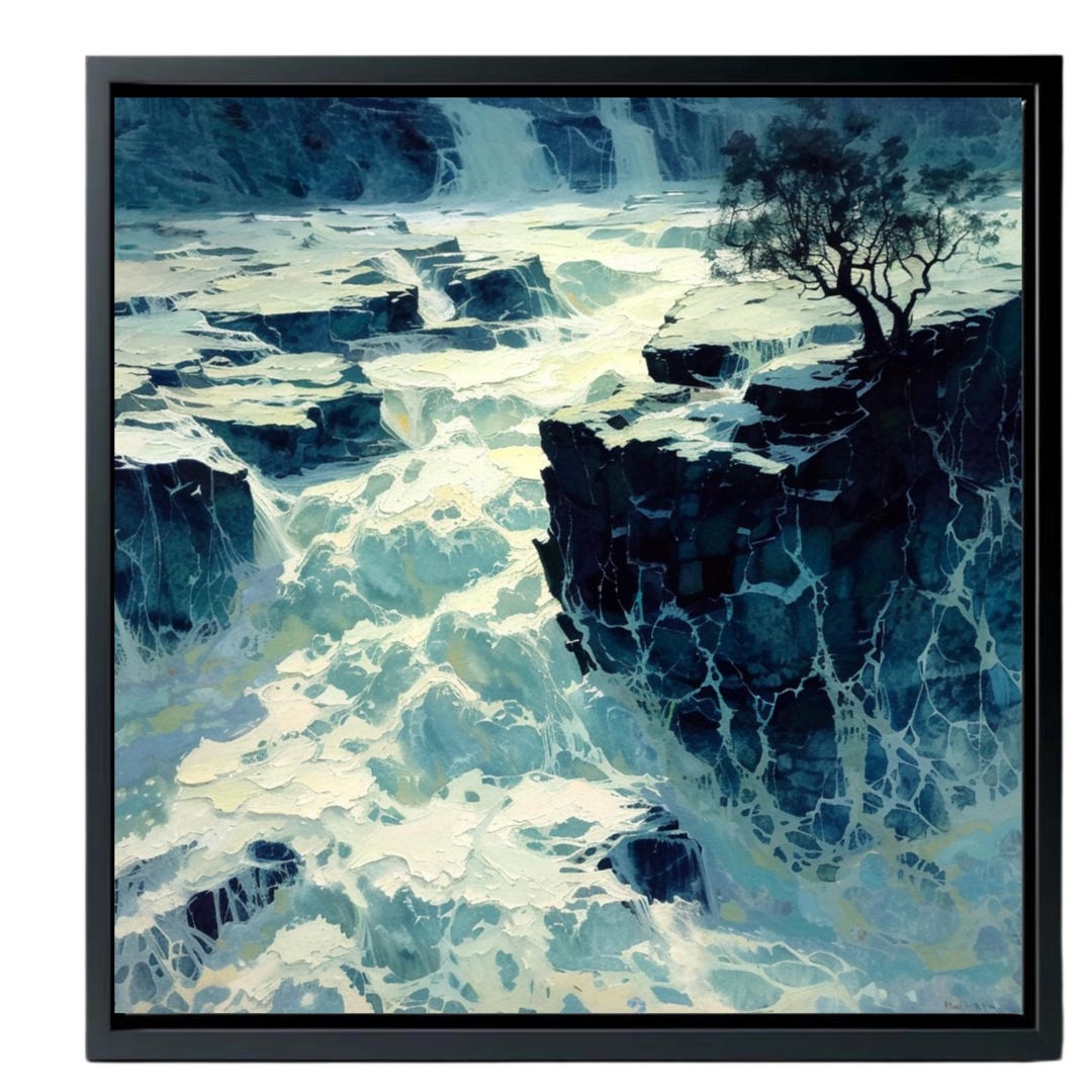 Lone Tree on Cliff Edge With Foaming Waterfall Canvas Print - "what ...