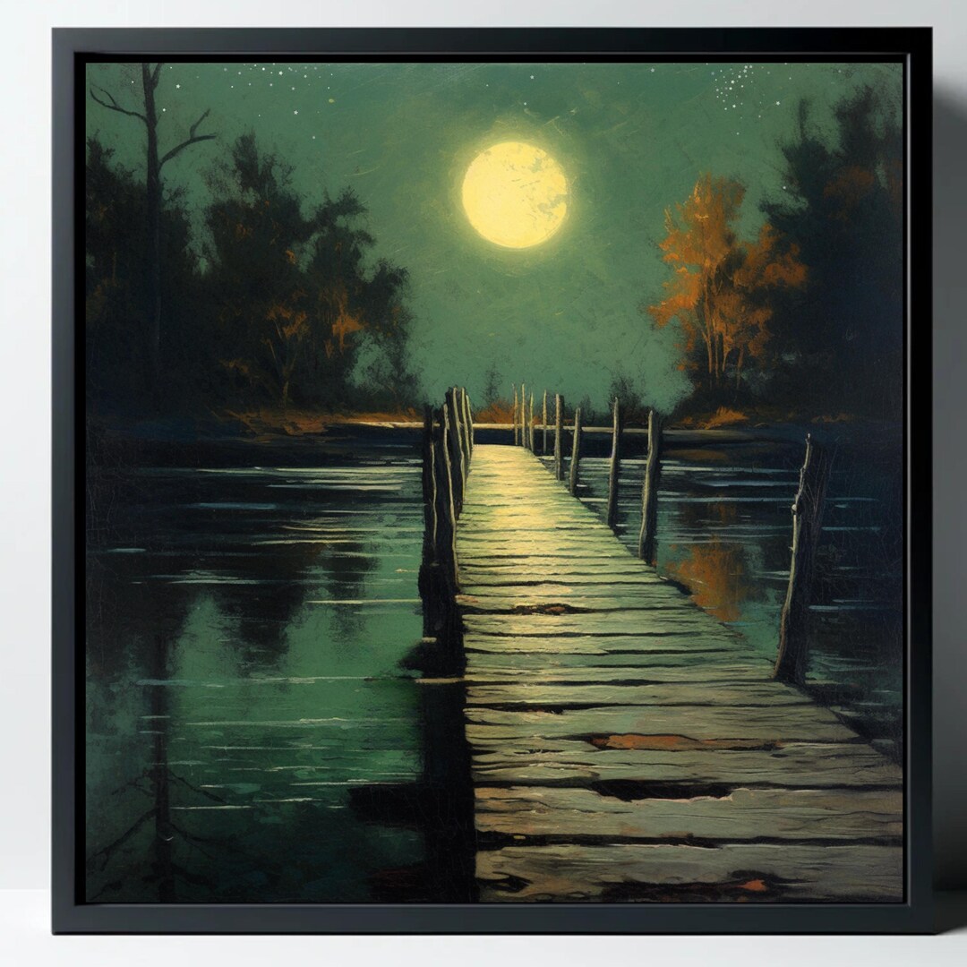 Moonlight in Autumn Nightscape - "the Dock by Moonlight" Square Canvas ...