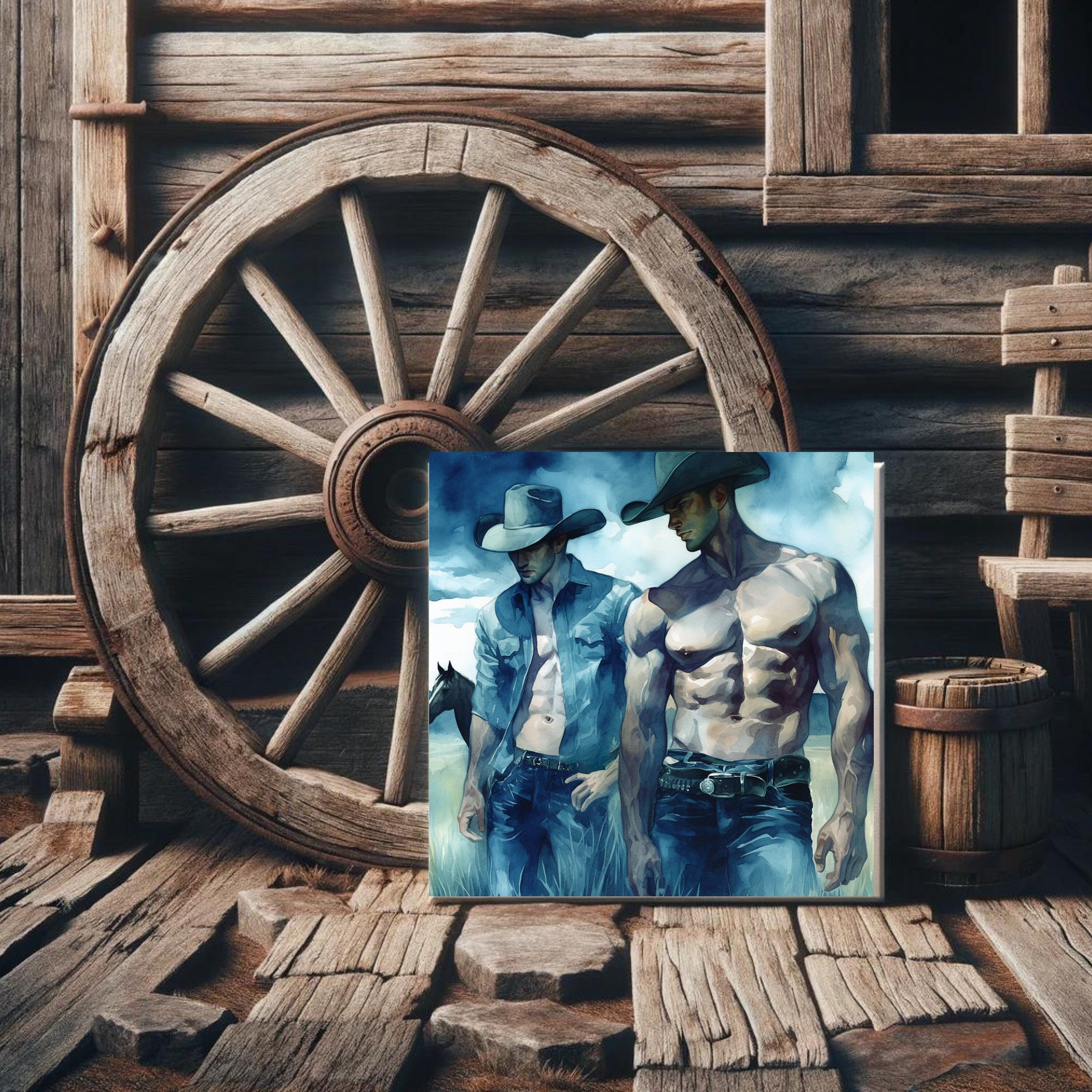 Gay Cowboy Art blue Rodeo Square Wall Art Rugged Western Gay Men Canvas ...