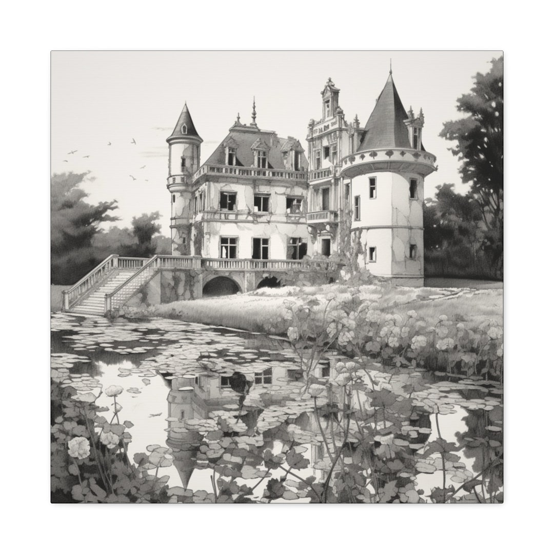 Crumbling French Chateau Art Print - Textured Ink Sketch Square Canvas ...