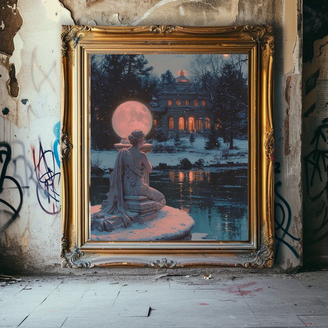 English Manor House Landscape Nymph and Pink Moon Square Canvas Gallery ...