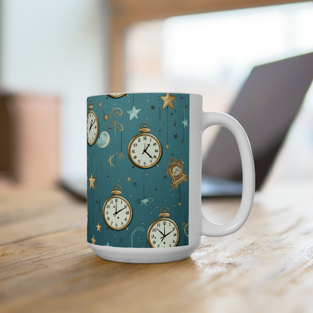 Clocks and Stars Mug Fun Vintage Art Style Coffee or Cocoa Cup Great ...