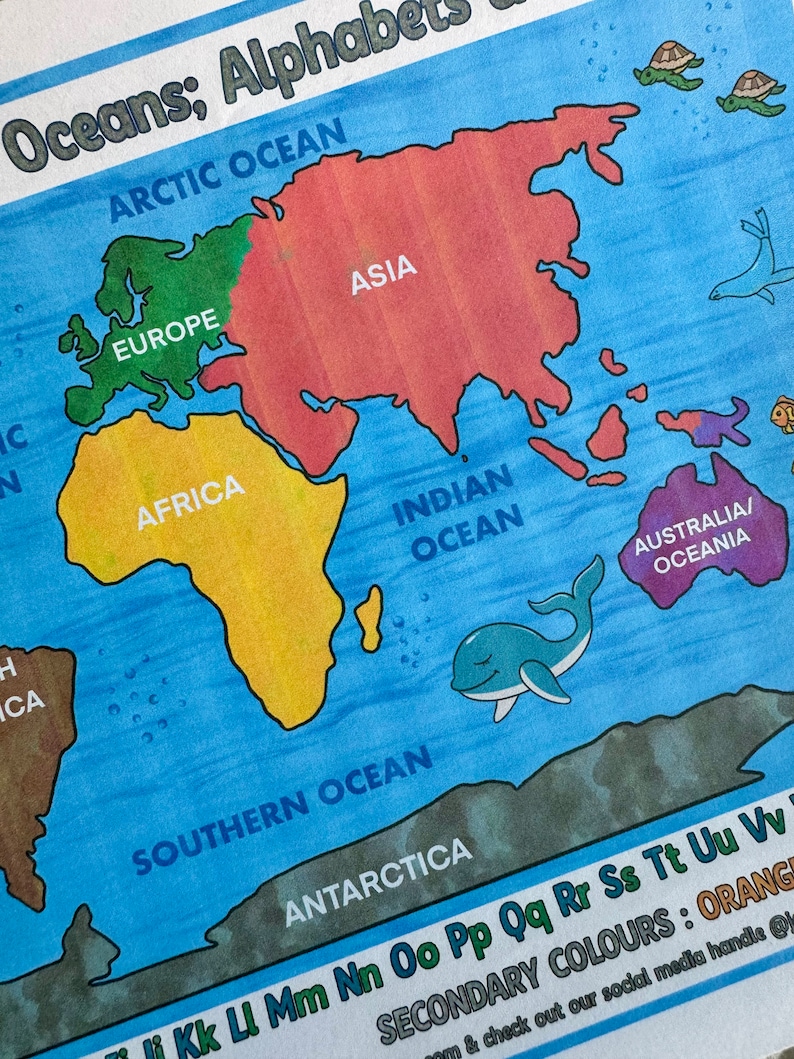World Map Printable – Continents, Oceans, Alphabets & Colors (digital ...