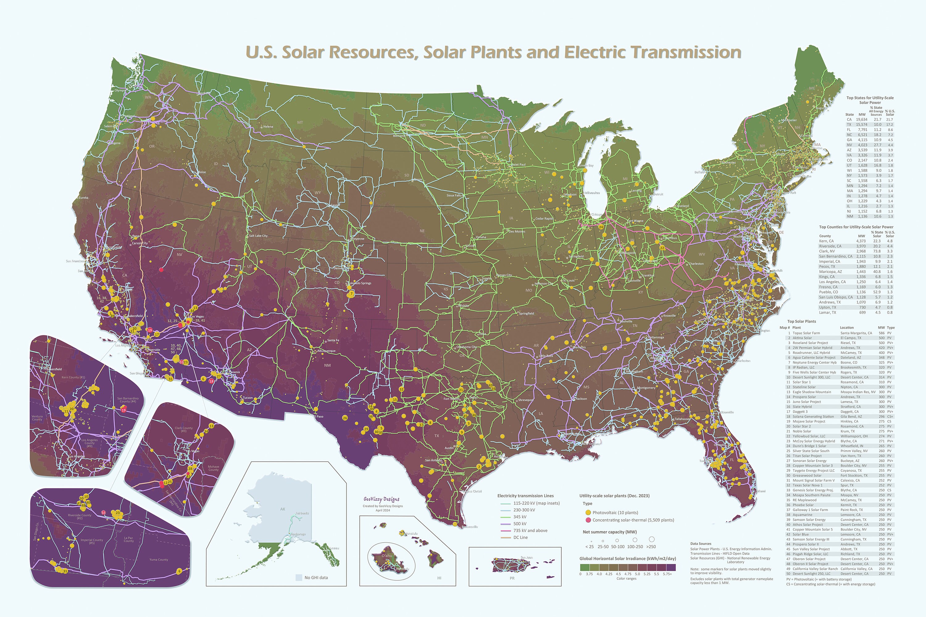 U.S. Solar Resources, Solar Plants and Electric Transmission Wall Map ...