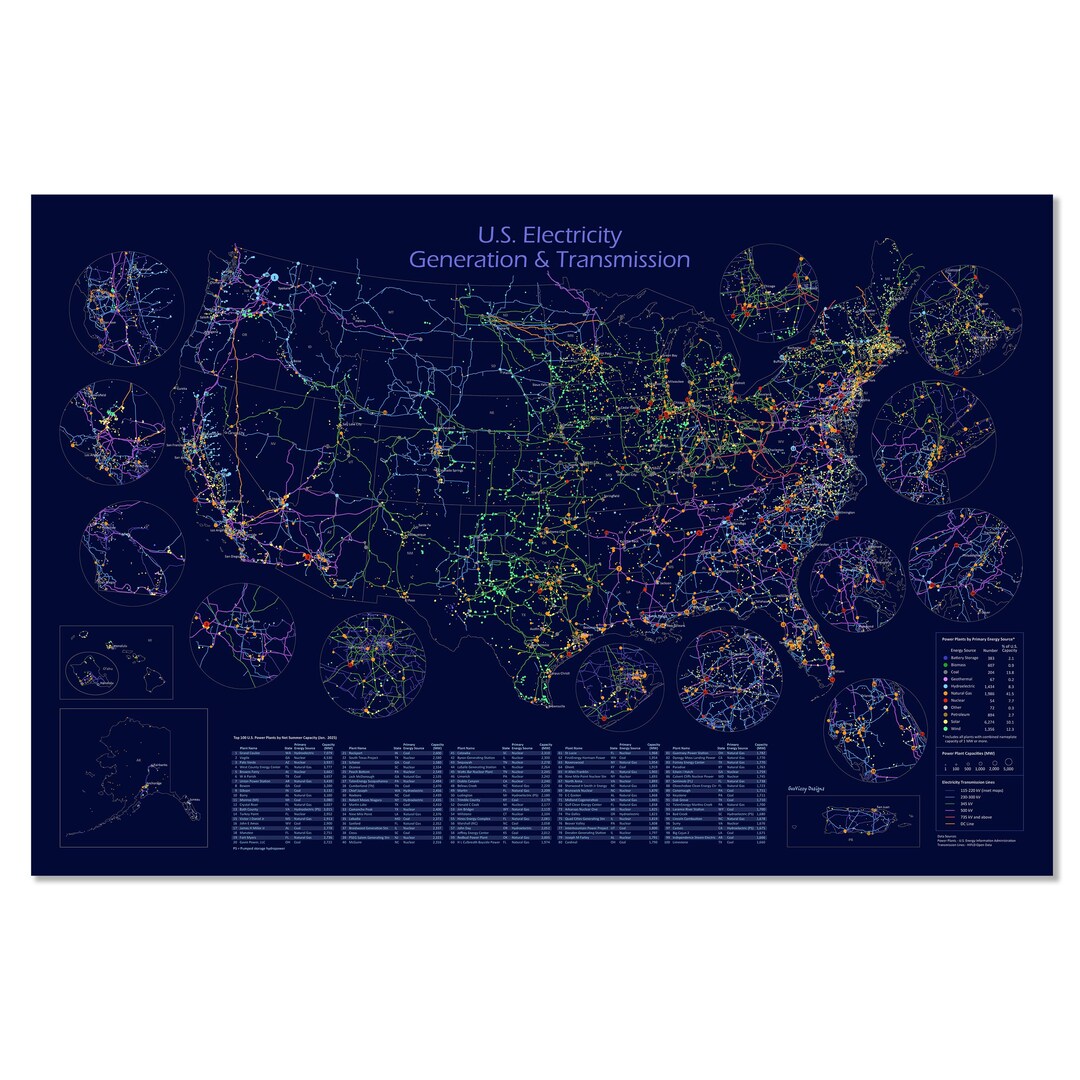 U.S. Electricity Generation & Transmission Wall Map Print: Transmission ...