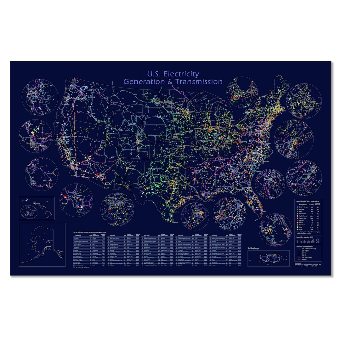 U.S. Electricity Generation & Transmission Wall Map Print: Transmission ...