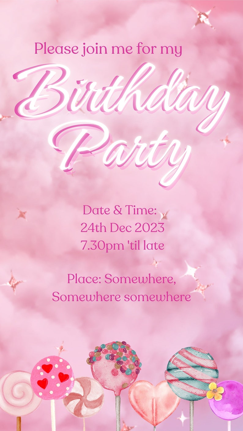 Birthday Invitation | Pink Barbie Style | Lollipops | Cute | Digital ...