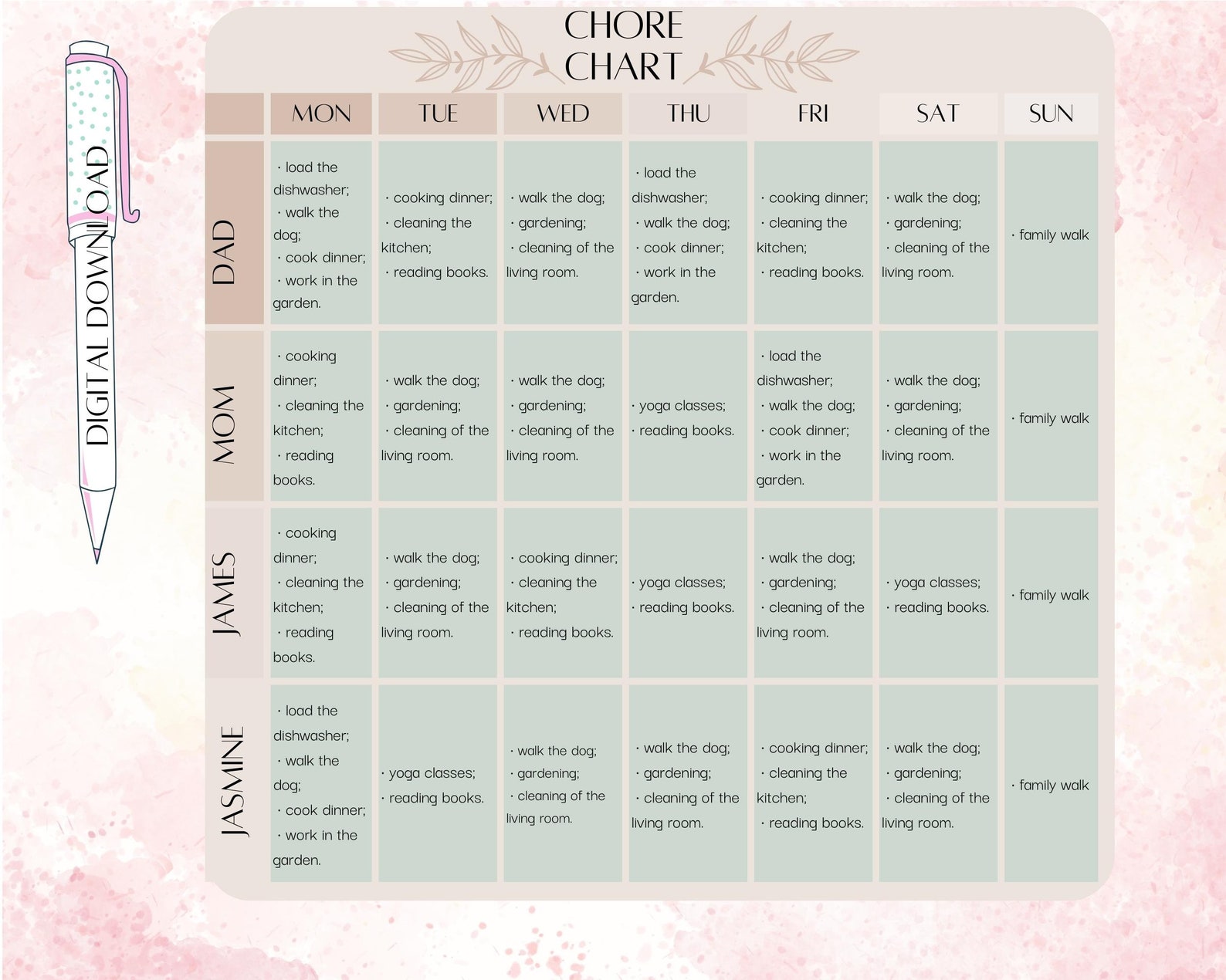 Printable and Editable Chore Family Chart - Etsy