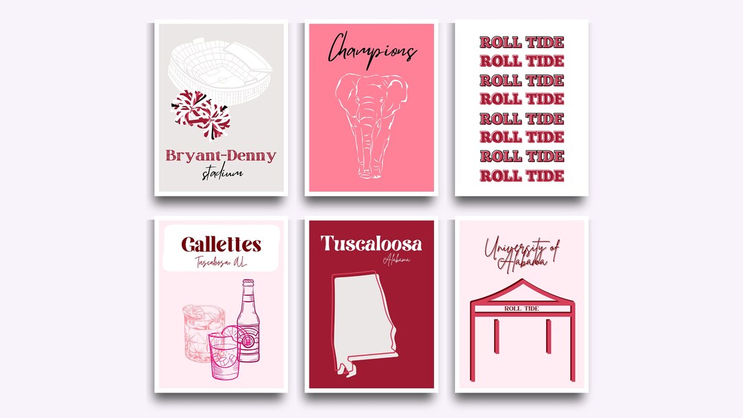 Alabama Digital Prints, Wall Art, Dorm Decor SET OF 6, Cute Preppy ...
