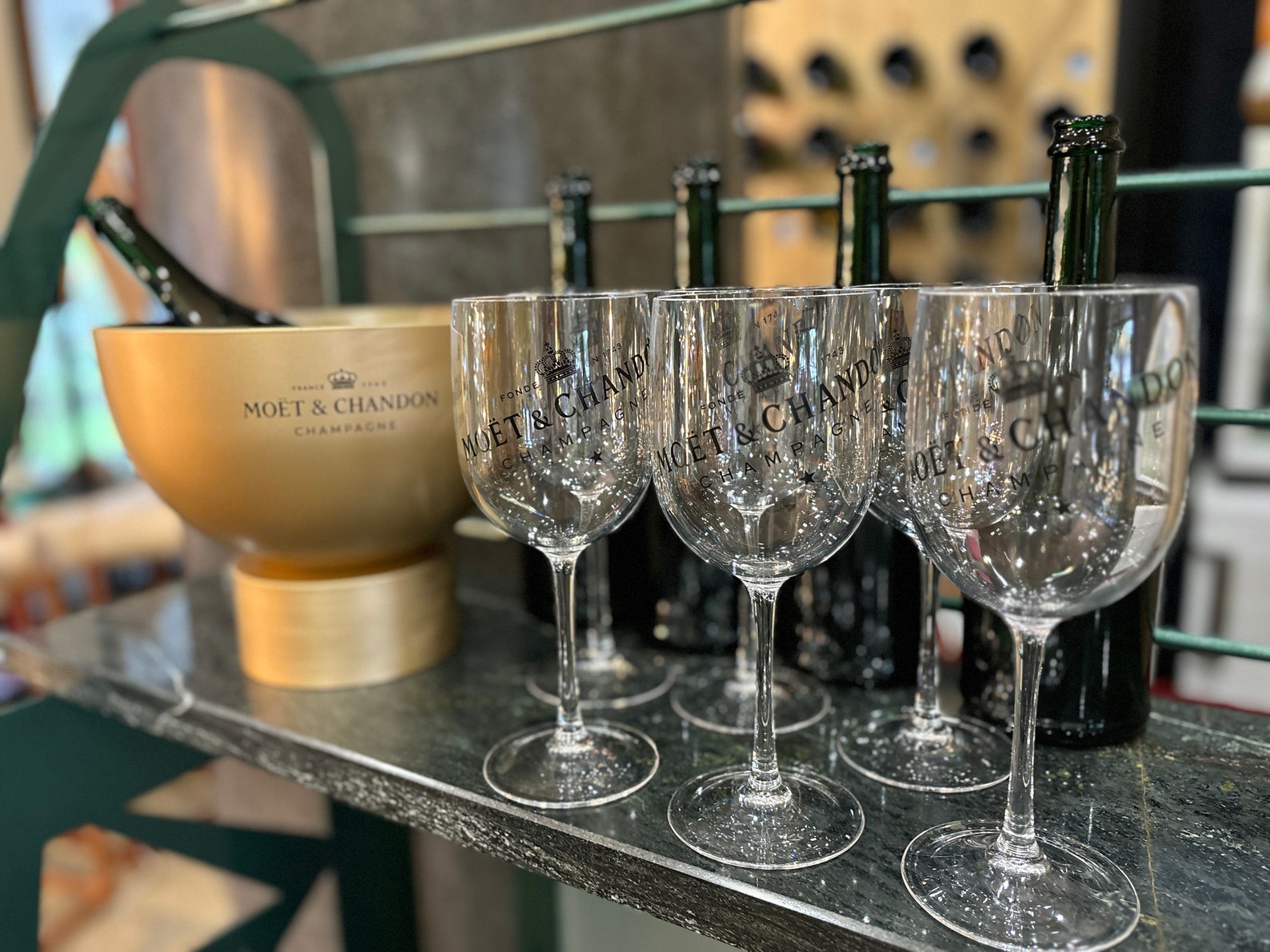 7 Moët & Chandon Champagne Equipment Gold Champagne Cooler With 6 MOËT ...