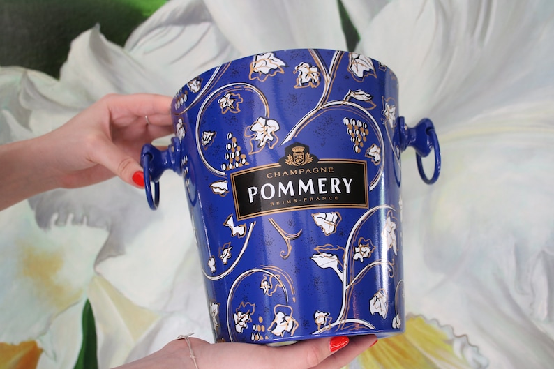 Pommery Champagne Bucket in Blue Aluminum With Grapes of Grapes Decorative Rings VOGALU Made in ...