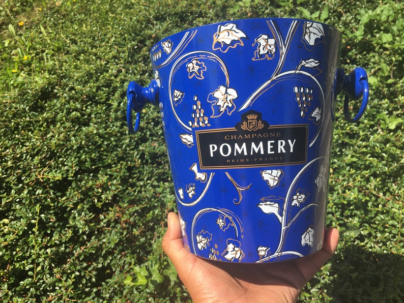 Pommery Champagne Bucket in Blue Aluminum With Grapes of Grapes Decorative Rings VOGALU Made in ...