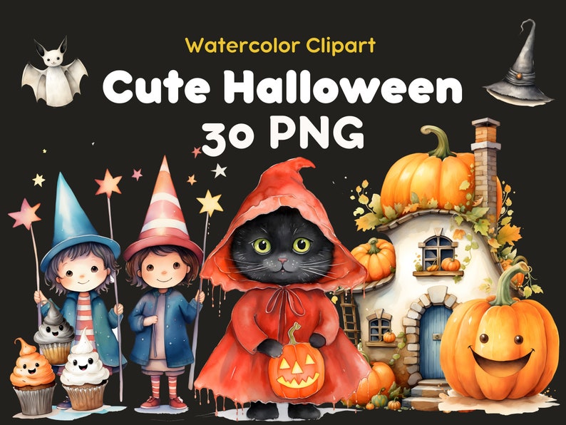 Cute Halloween Watercolor Clipart Bundle 30 PNG Transparent - Etsy