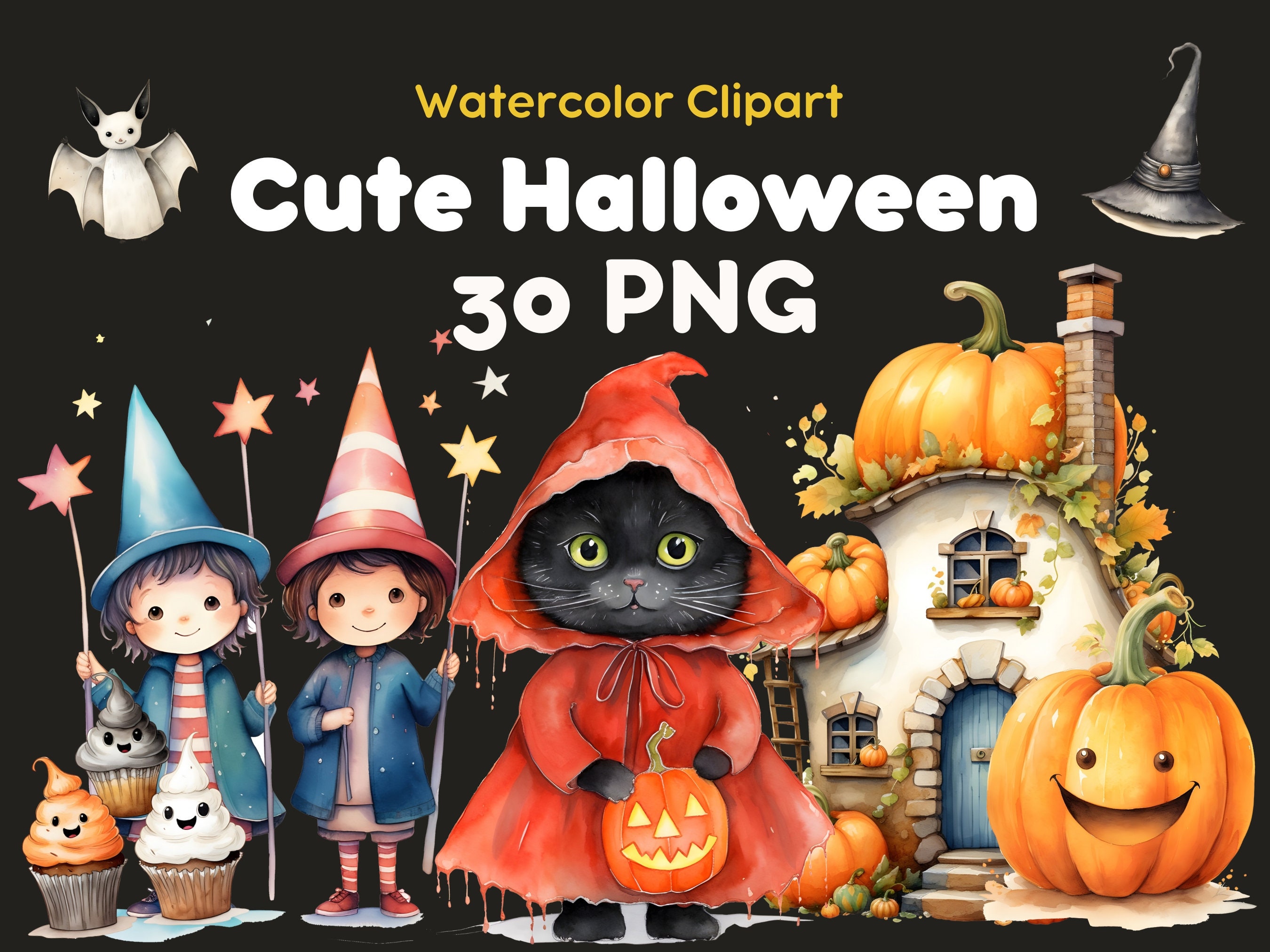 Cute Halloween Watercolor Clipart Bundle 30 PNG Transparent - Etsy
