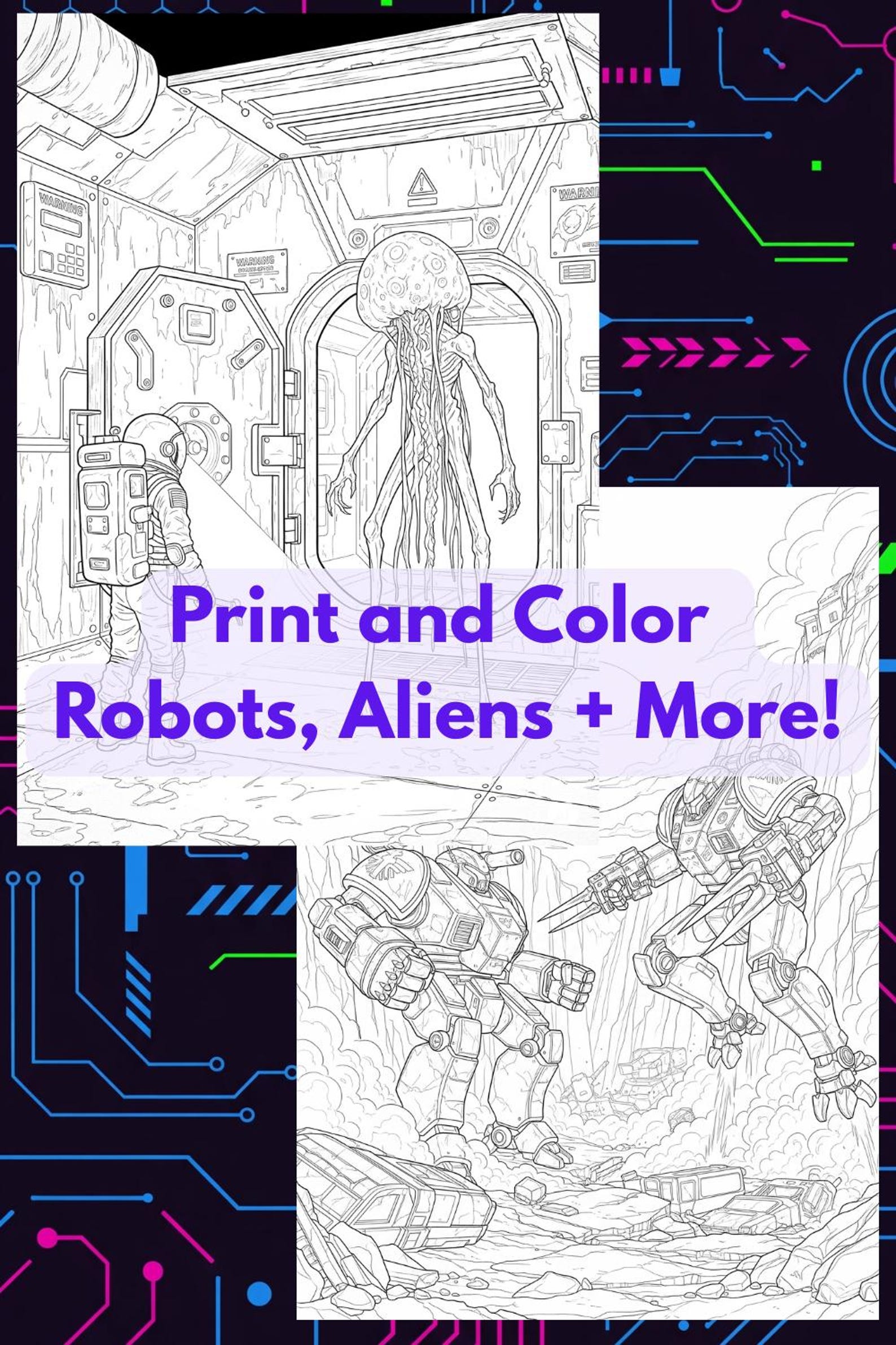 Sci-fi Adult Coloring Pages – Printable Robots, Mechs, Aliens ...