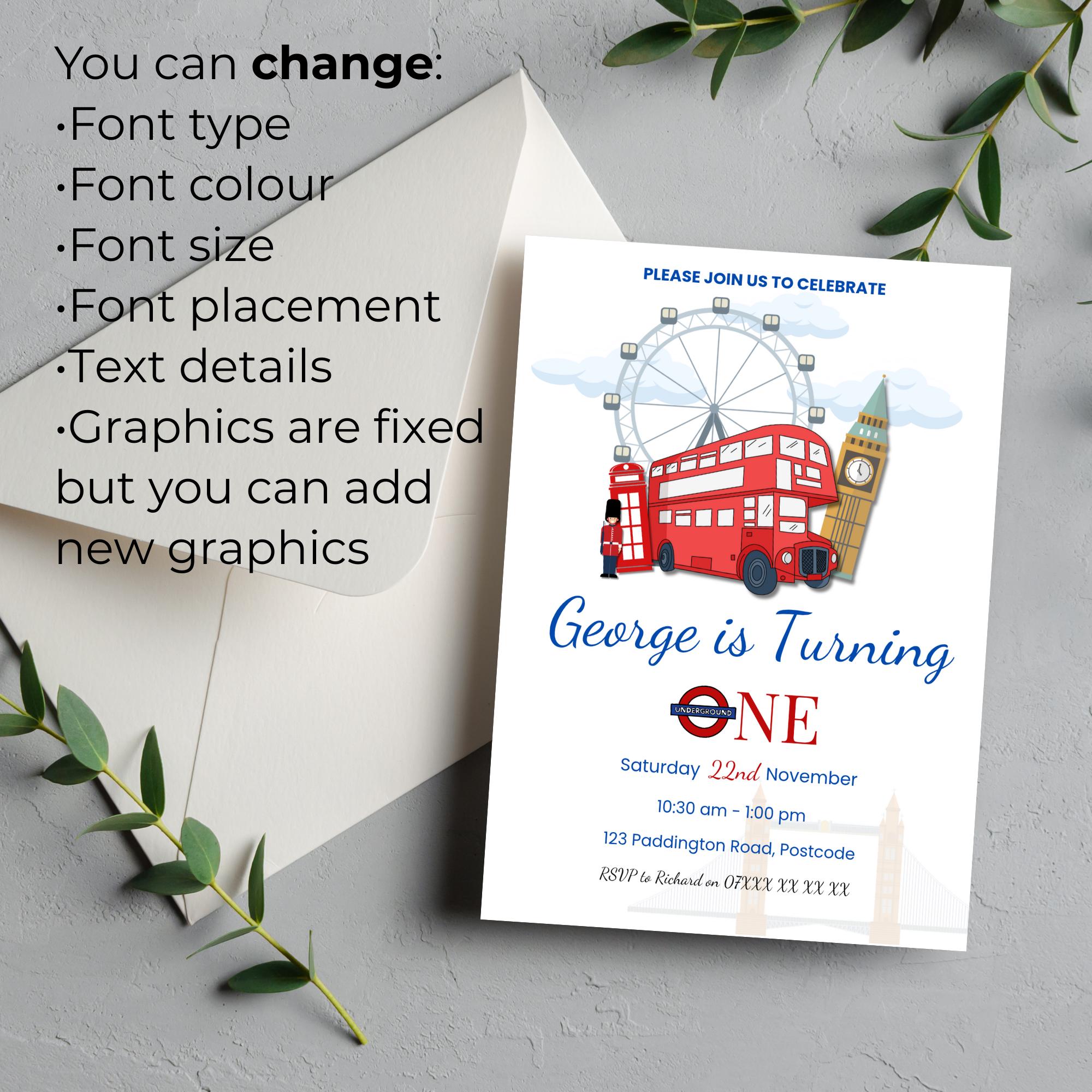 Editable London Themed First Birthday Invitation | Printable Canva ...