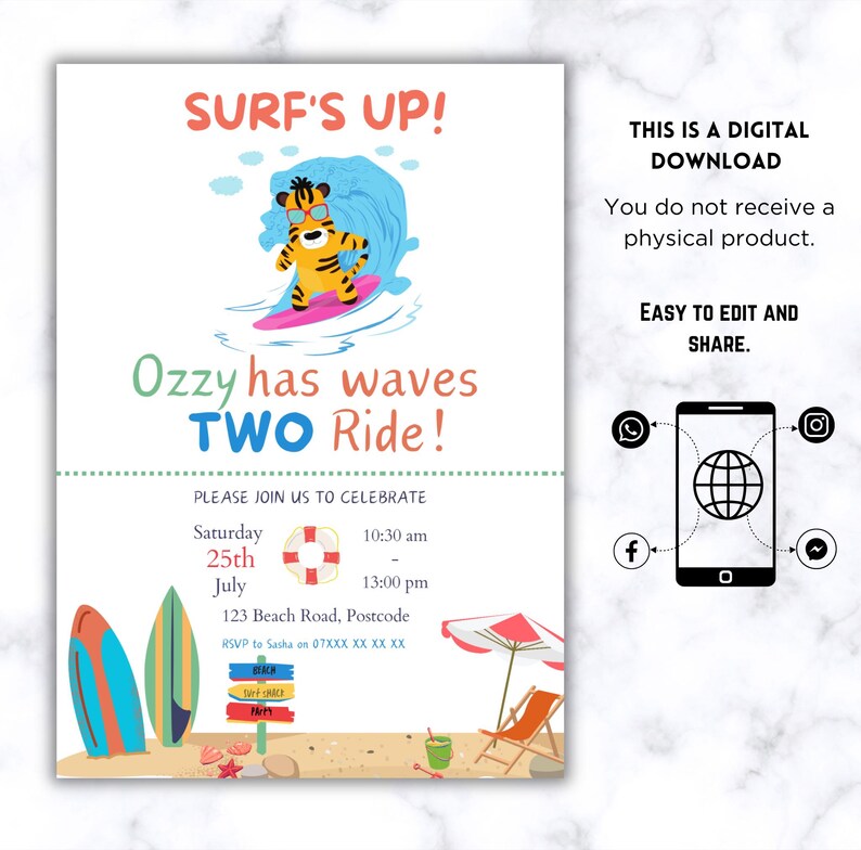 Editable Surfing Themed Invitation | "surf's Up" Children's Birthday ...