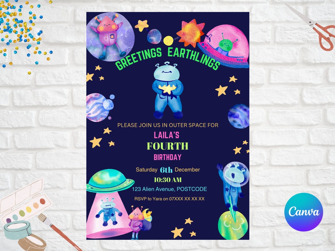 Editable Alien Invitation Template Outer Space 4th Birthday Party ...