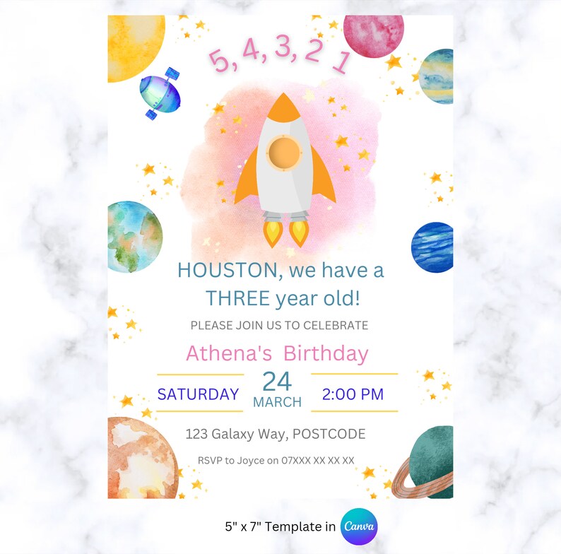 Editable Girl's Space Invitation 3rd Birthday Party Invite Planets and ...