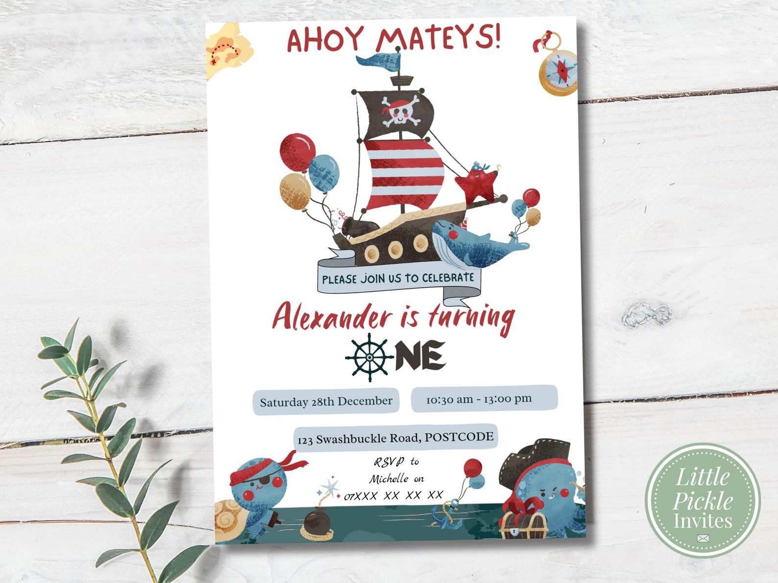 Editable Pirate Themed Children's First Birthday Party Invitation ...
