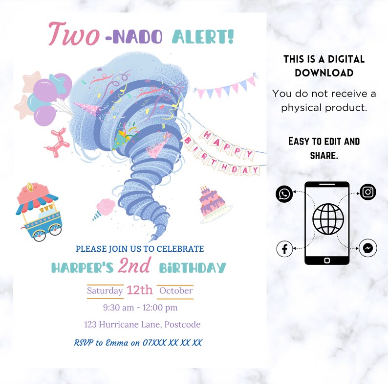 Editable 'two-nado' Second Birthday Themed Children's Birthday Party ...