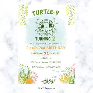 Editable Turtle 2nd Birthday Invitation Template | Turtle-y Two Invite ...