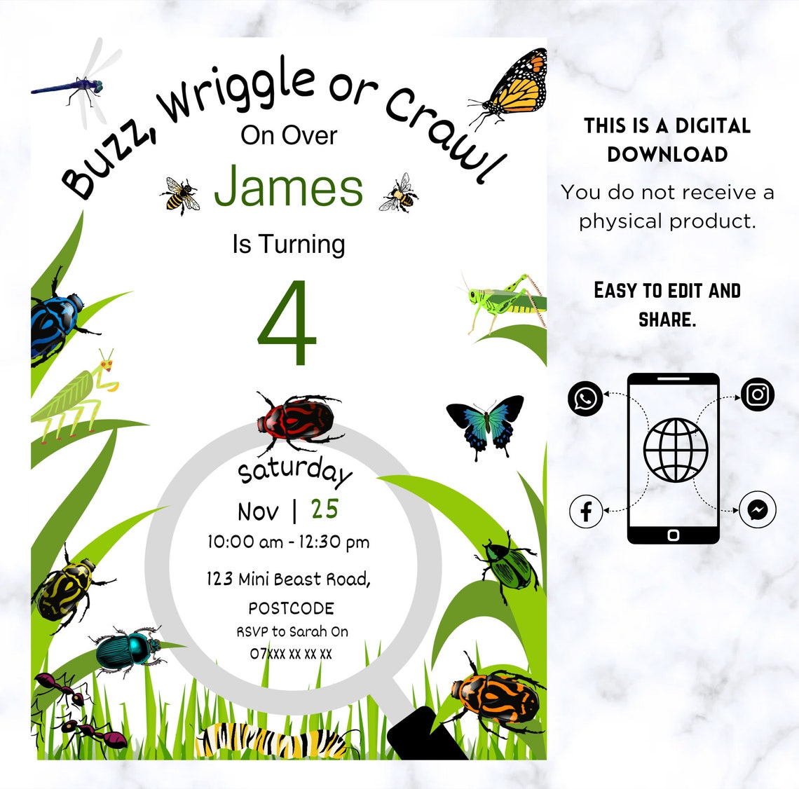 Editable Insect Birthday Invitation Bug 4th Birthday Invite Instant ...