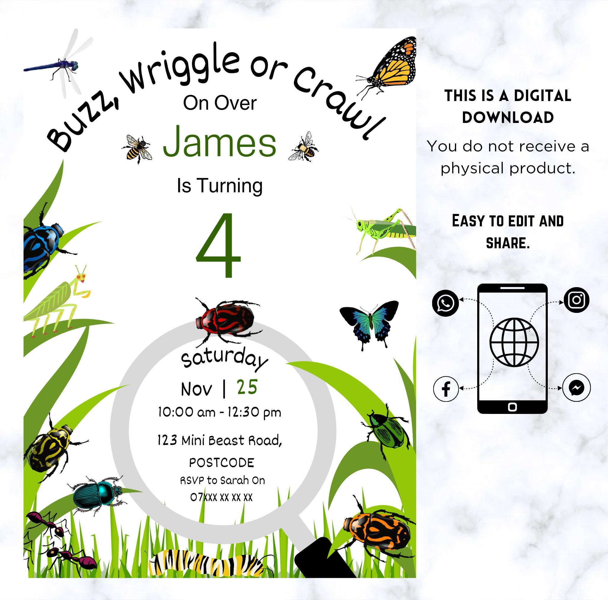 Editable Insect Birthday Invitation Bug 4th Birthday Invite Instant ...