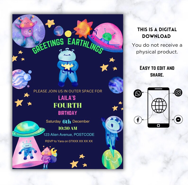 Editable Alien Invitation Template | Outer Space 4th Birthday Party ...