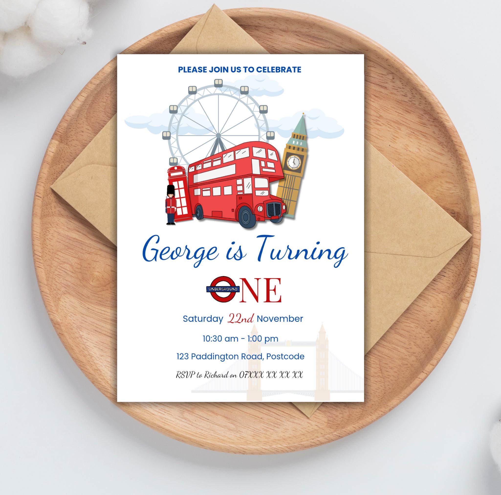 Editable London Themed First Birthday Invitation | Printable Canva ...