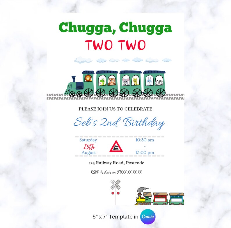 Editable Train Themed Second Birthday Party Invitation Printable Canva ...