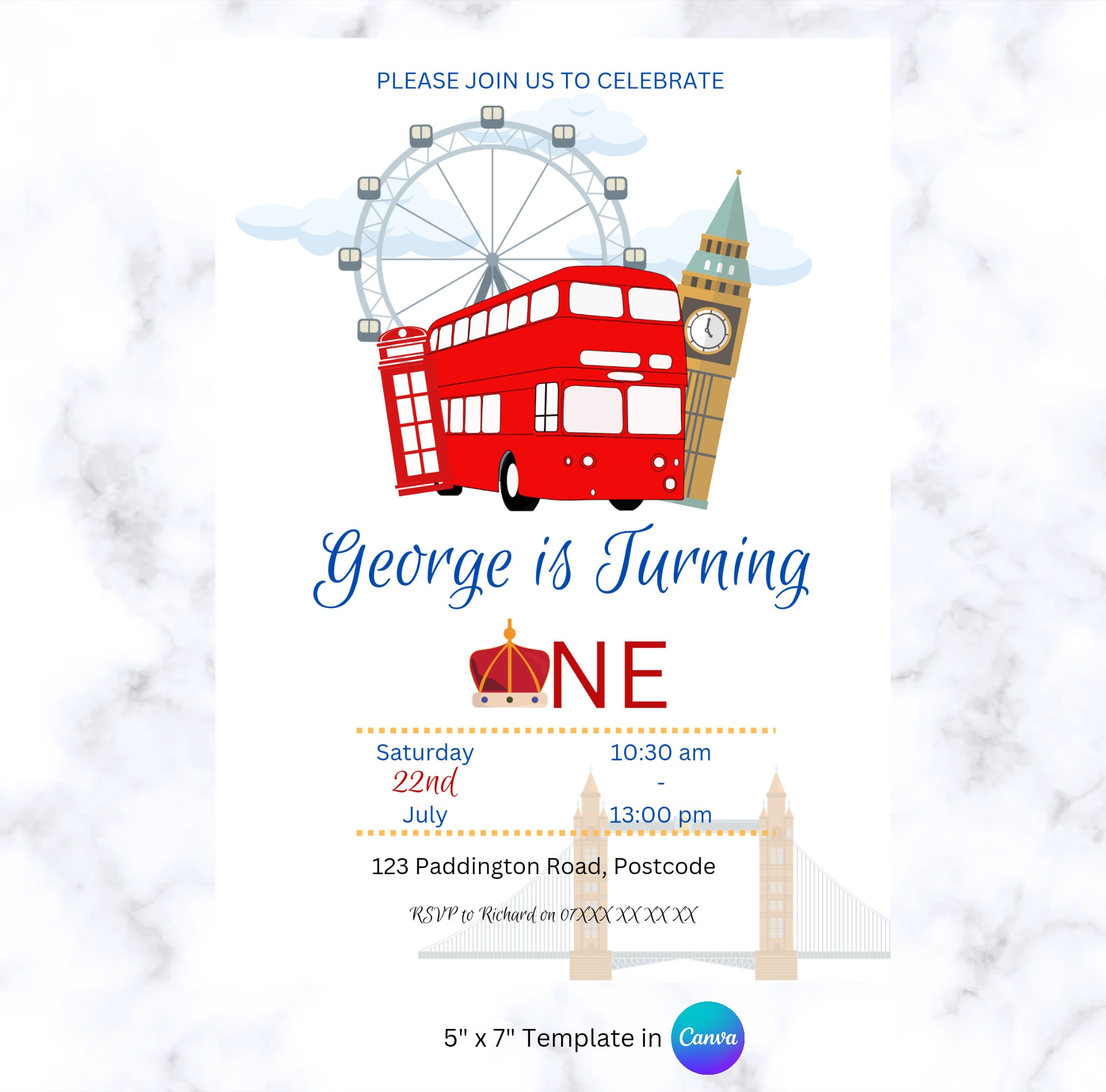 Editable London Themed First Birthday Invitation Printable Canva ...