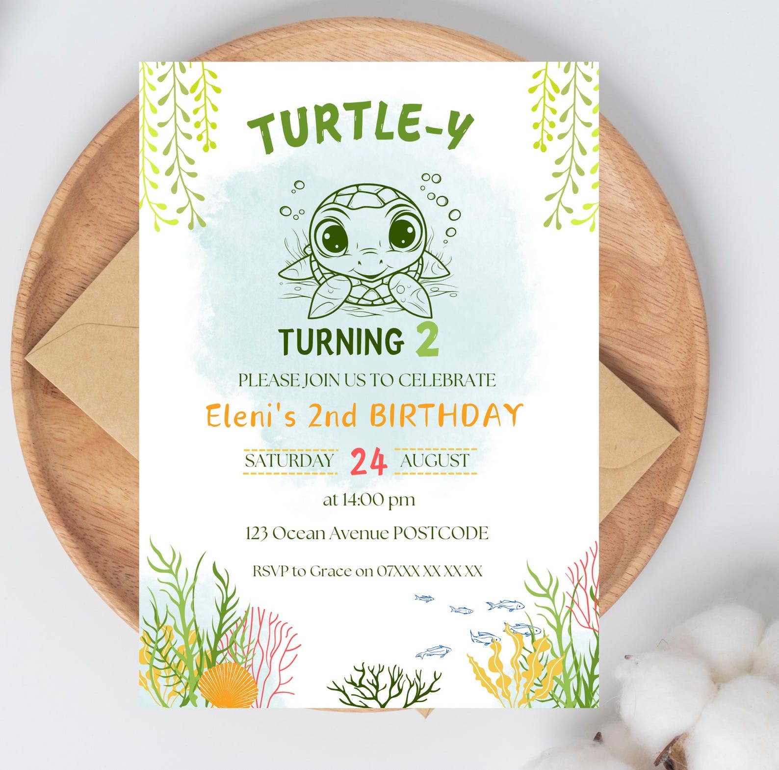 Editable Turtle 2nd Birthday Invitation Template | Turtle-y Two Invite ...