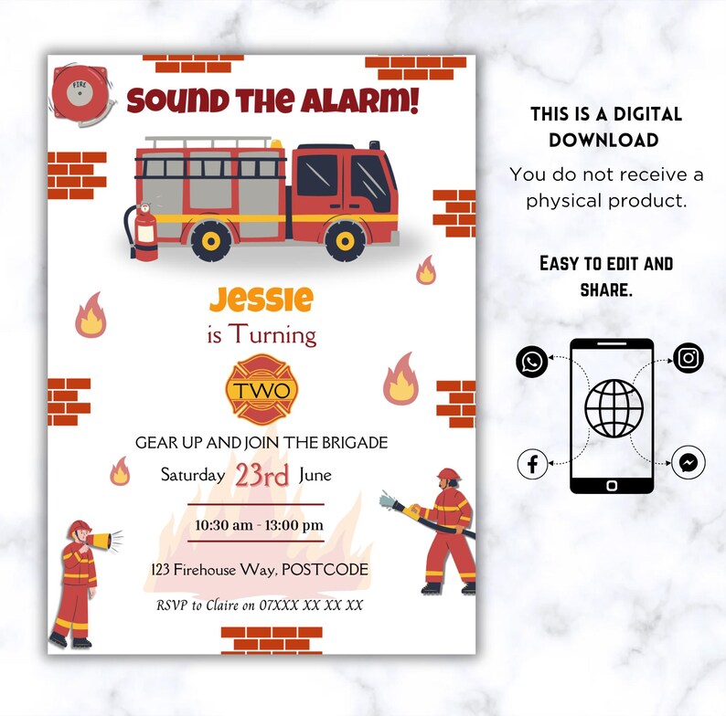 Editable Firefighter Themed Second Birthday Invitation | Customisable ...