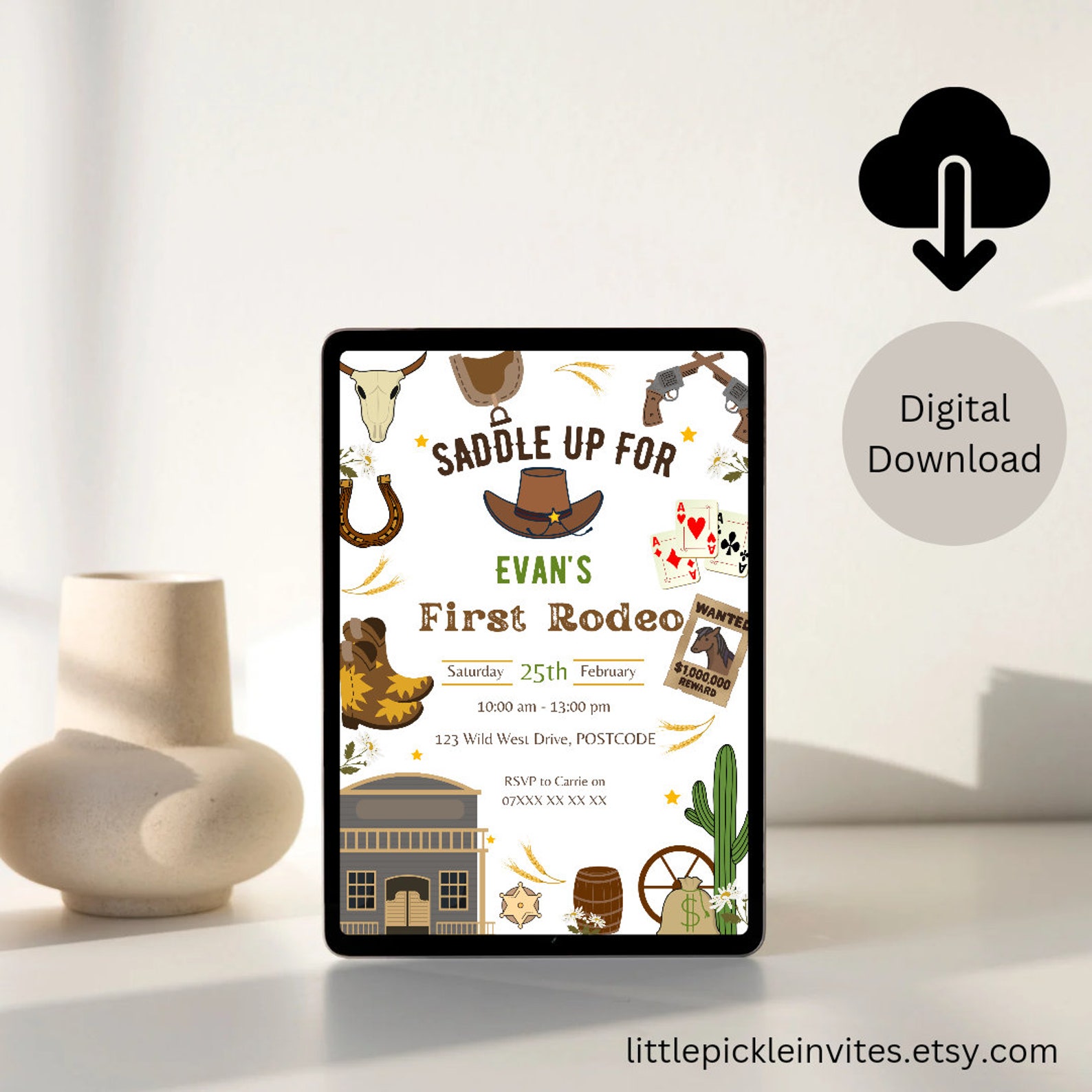 Editable First Rodeo Invitation | Cowboy Wild West Boys First Birthday ...