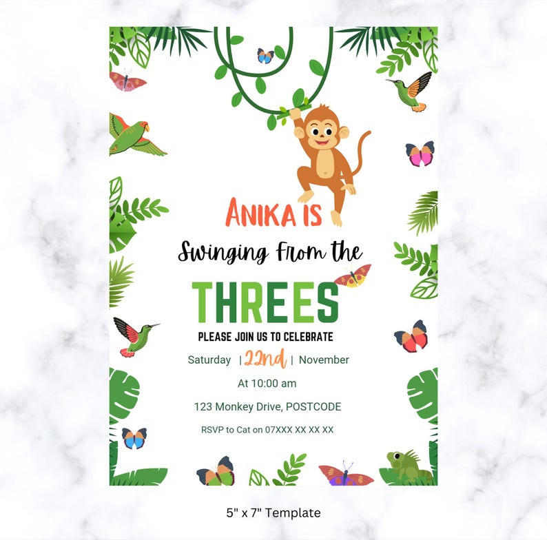 Monkey 3rd Birthday Invitation: Jungle Theme (printable Canva Template ...