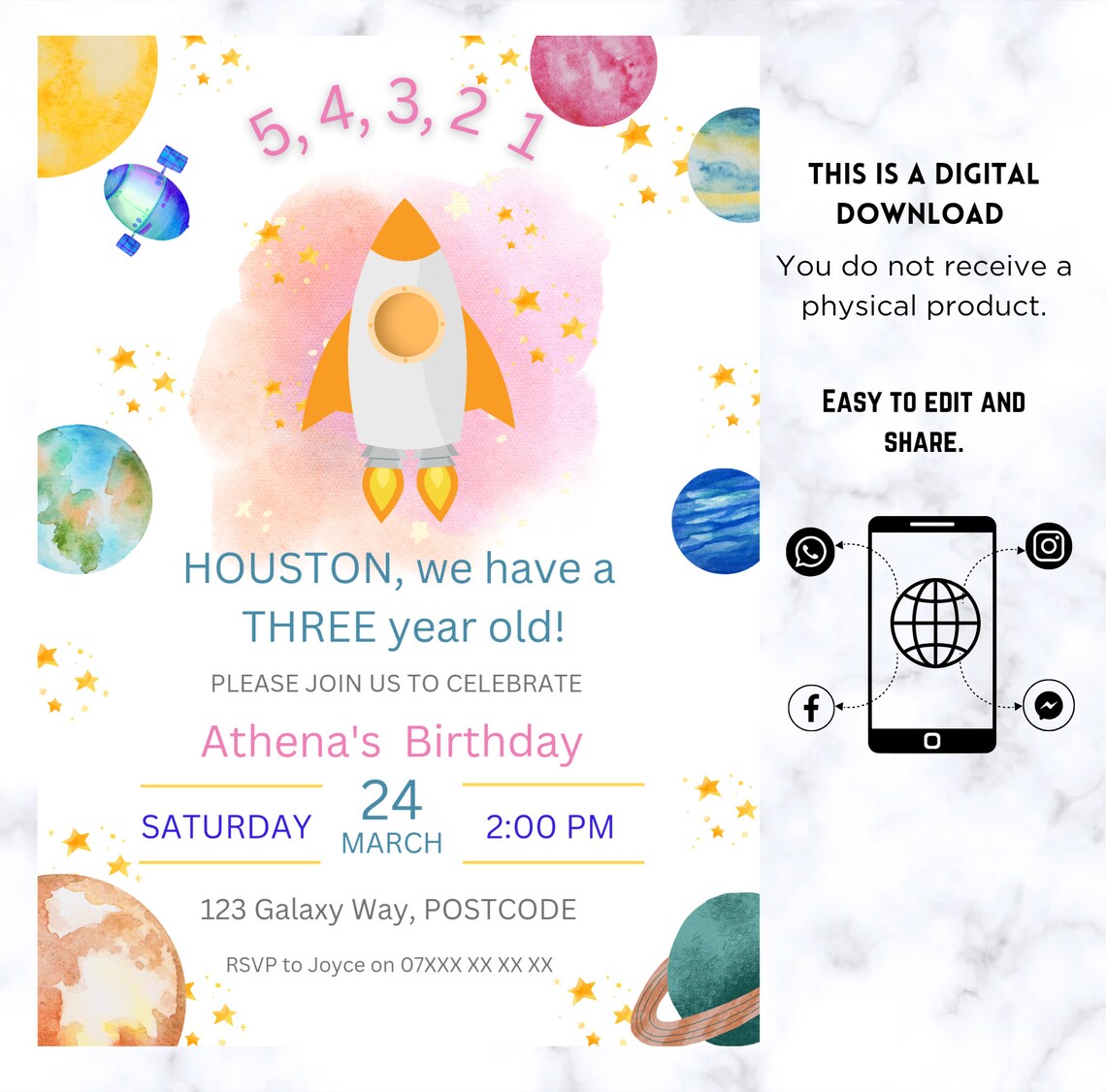 Editable Girl's Space Invitation 3rd Birthday Party Invite Planets and ...