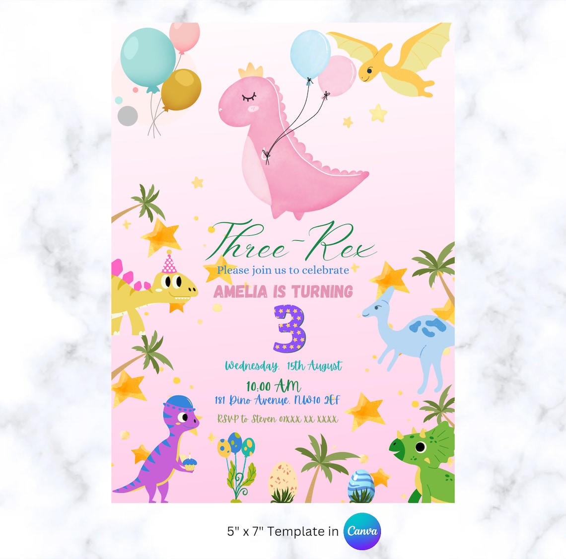 Editable Three Rex Pink Dinosaur Themed Birthday Party Invitation ...