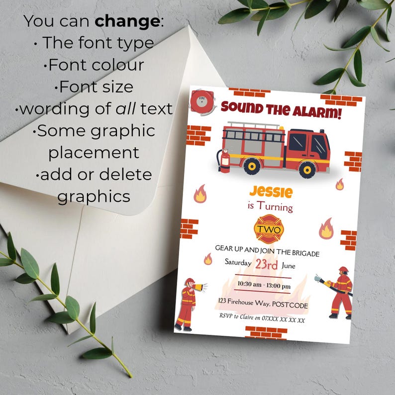 Editable Firefighter Themed Second Birthday Invitation | Customisable ...