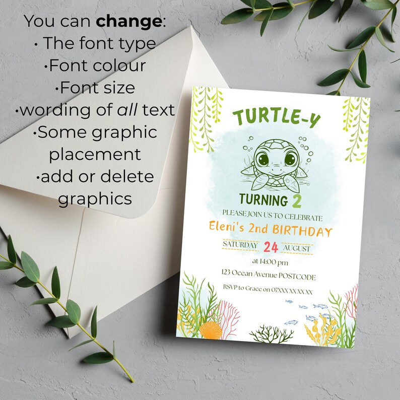 Editable Turtle 2nd Birthday Invitation Template | Turtle-y Two Invite ...