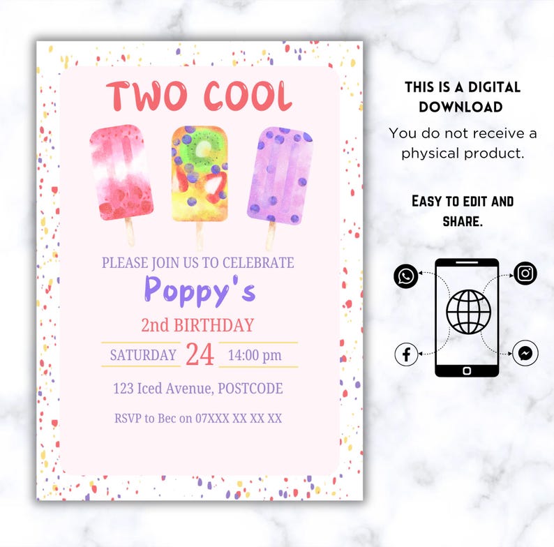 Editable Two Cool Invitation Template | Children's 2nd Birthday Party ...
