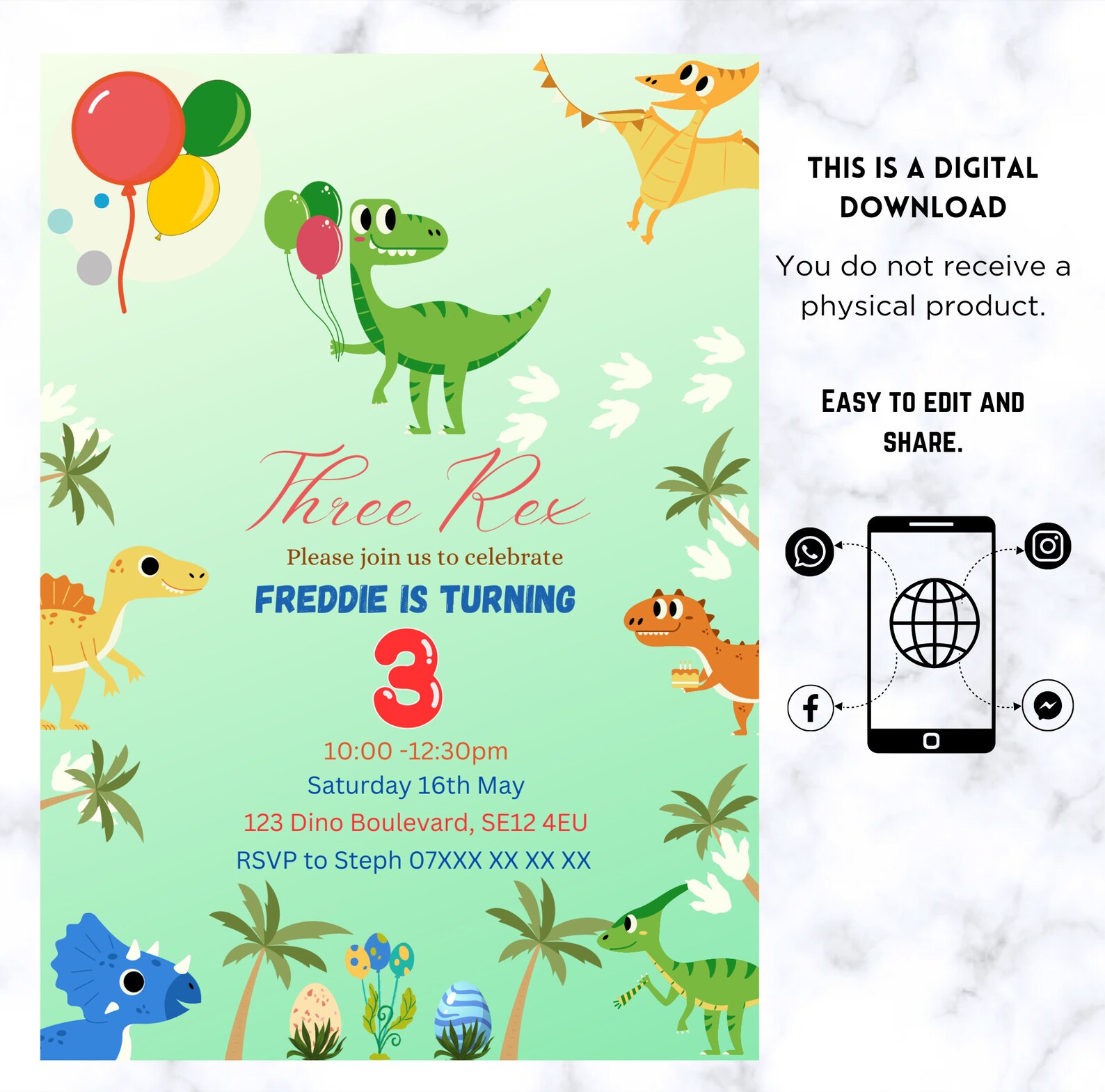 Three Rex Dinosaur Birthday Invitation | Editable Canva Template ...
