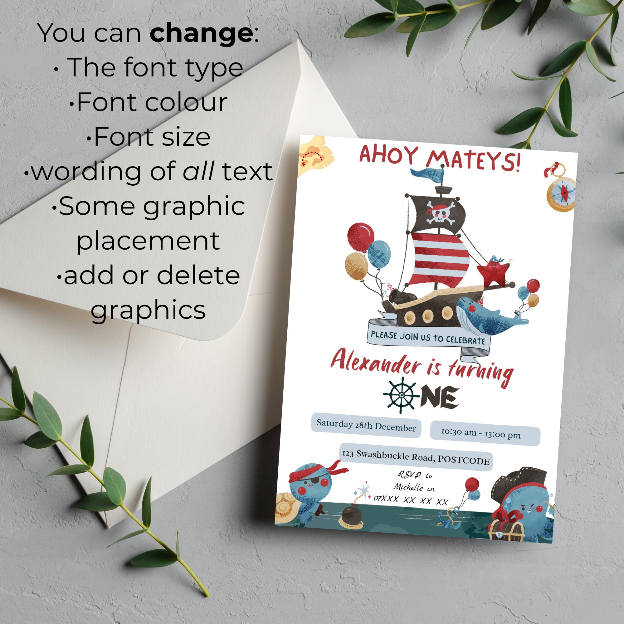 Editable Pirate Themed Children's First Birthday Party Invitation ...