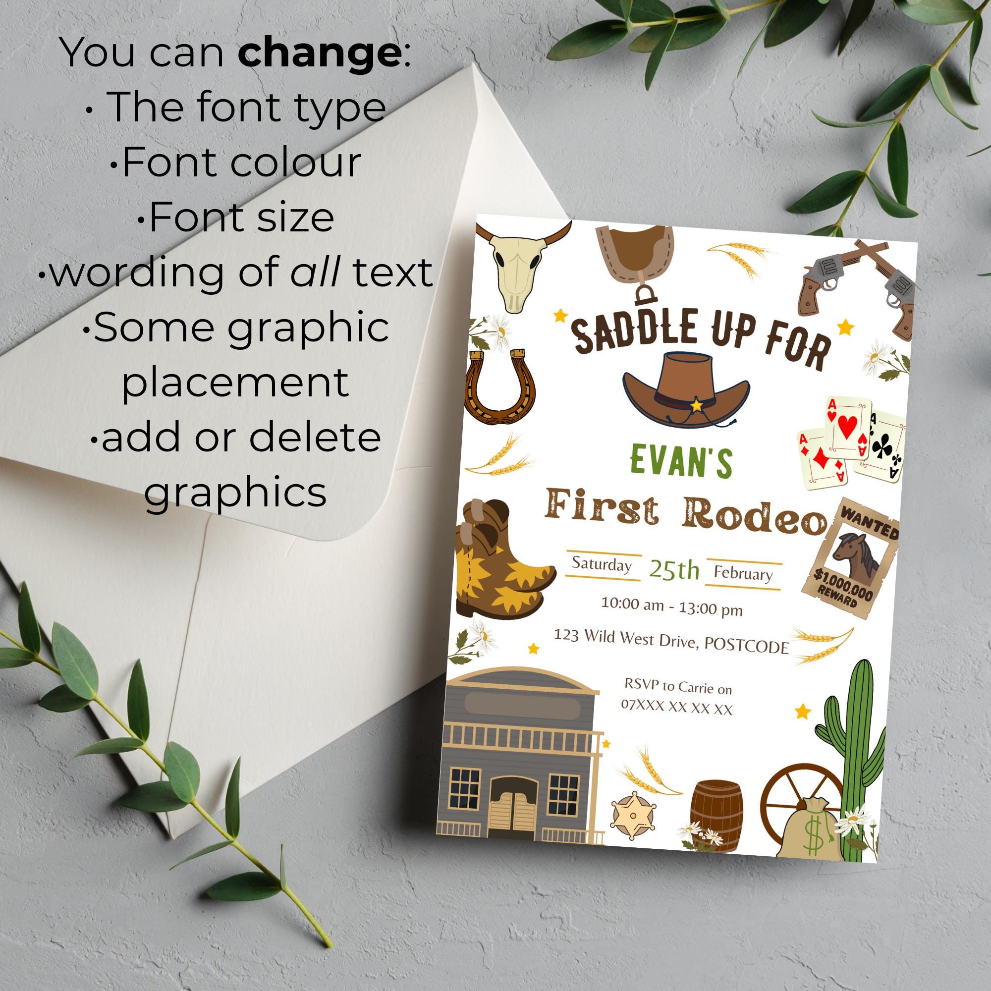 Editable First Rodeo Invitation | Cowboy Wild West Boys First Birthday ...